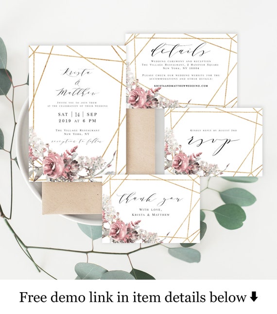 Geometric Wedding Invite Set Template Downloadable 100% | Etsy UK