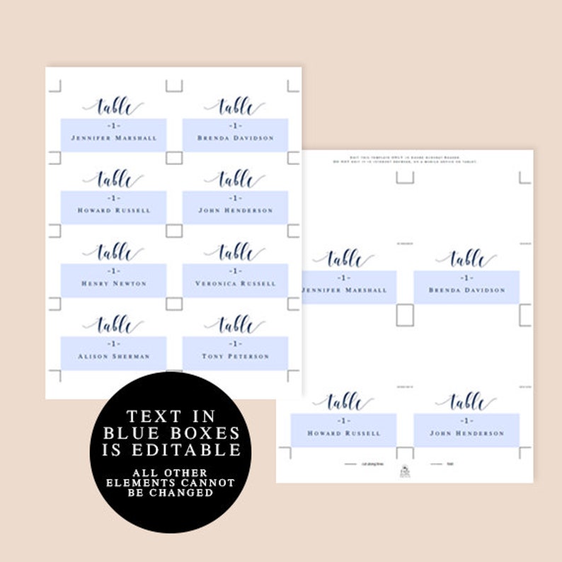 Navy Editable Placecards Navy Place Cards Template Navy Blue Wedding ...