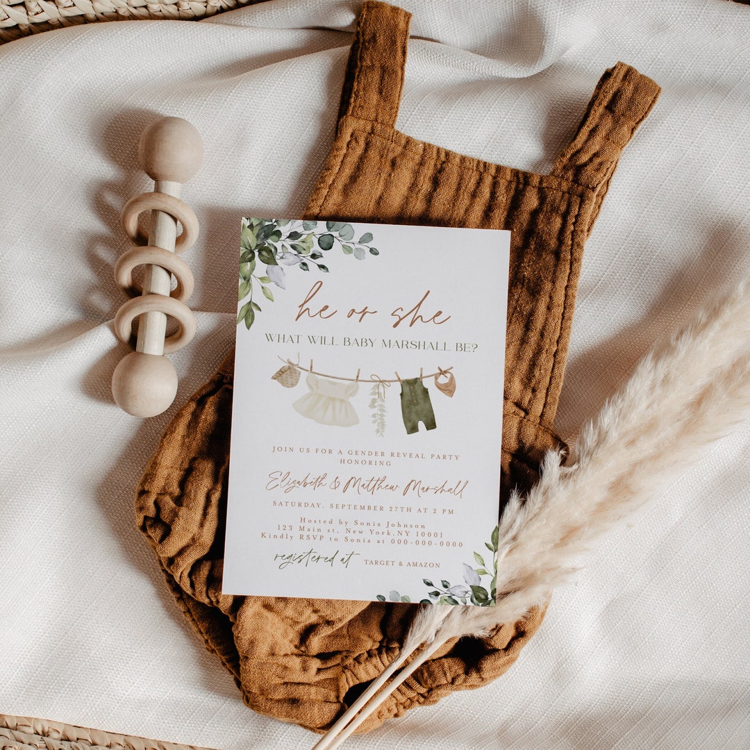 Greenery Gender Reveal Invitation, Sage Green Baby Shower Invitation ...