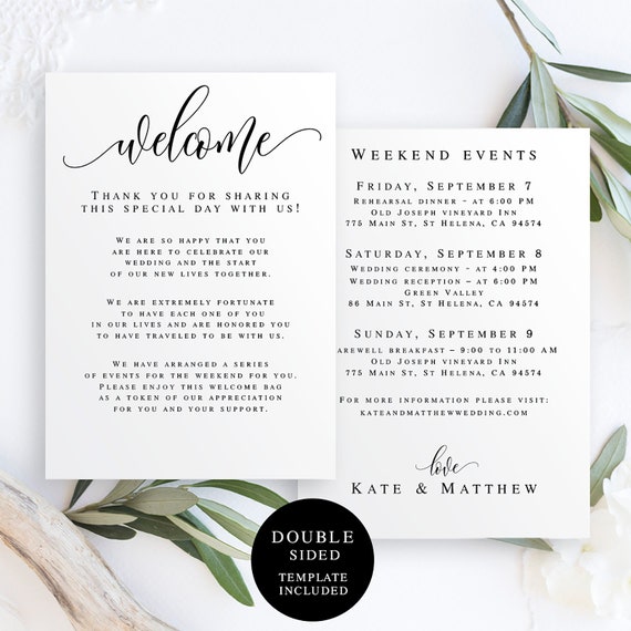 Wedding Welcome Bag Note Printable Wedding Template Itinerary - Etsy