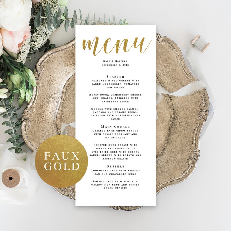 Wedding menu download Gold menu template wedding Gold menu | Etsy