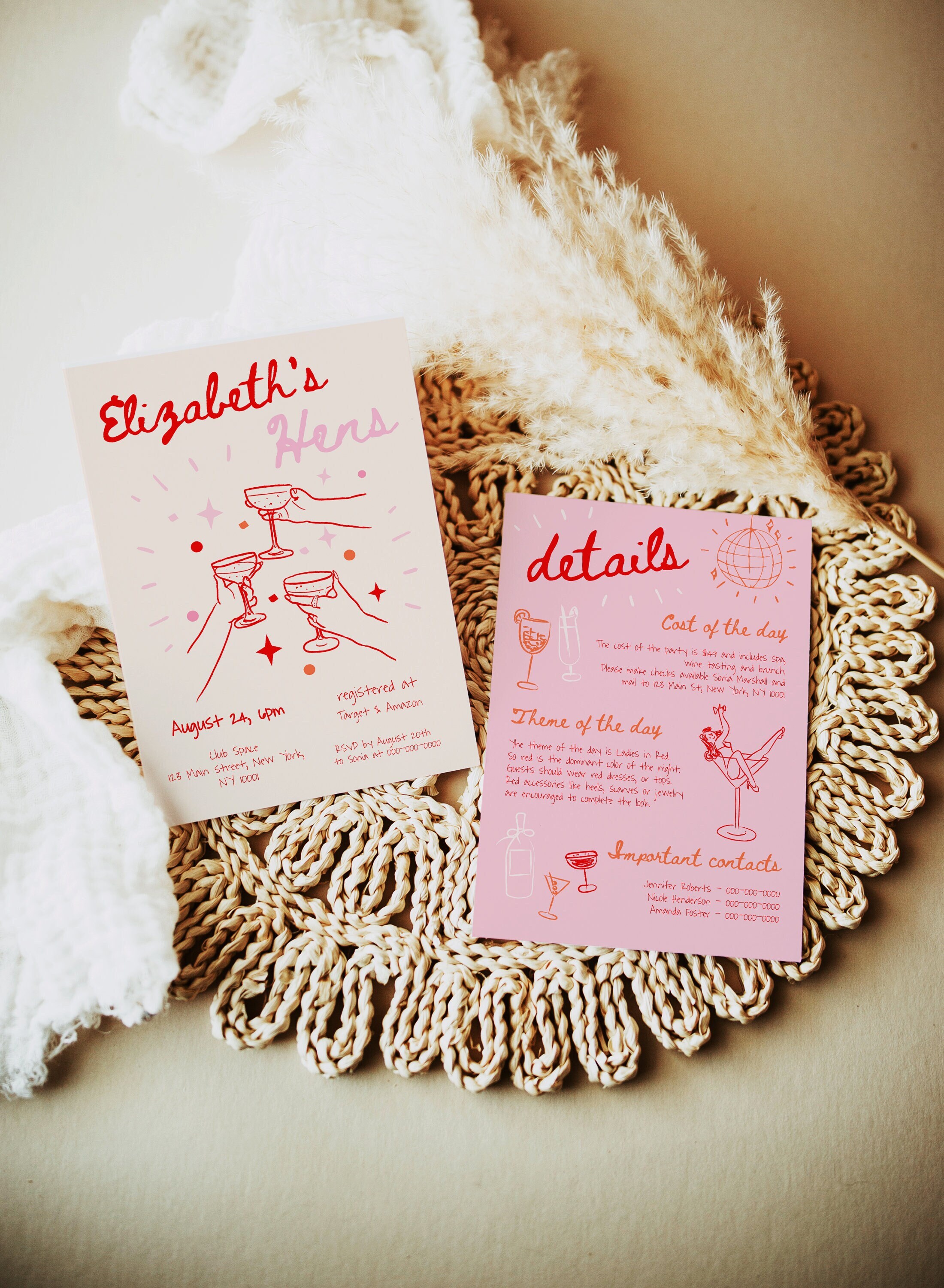 Trendy Hen Party Invitation, Hand Drawn Pink Hens Party Invite ...