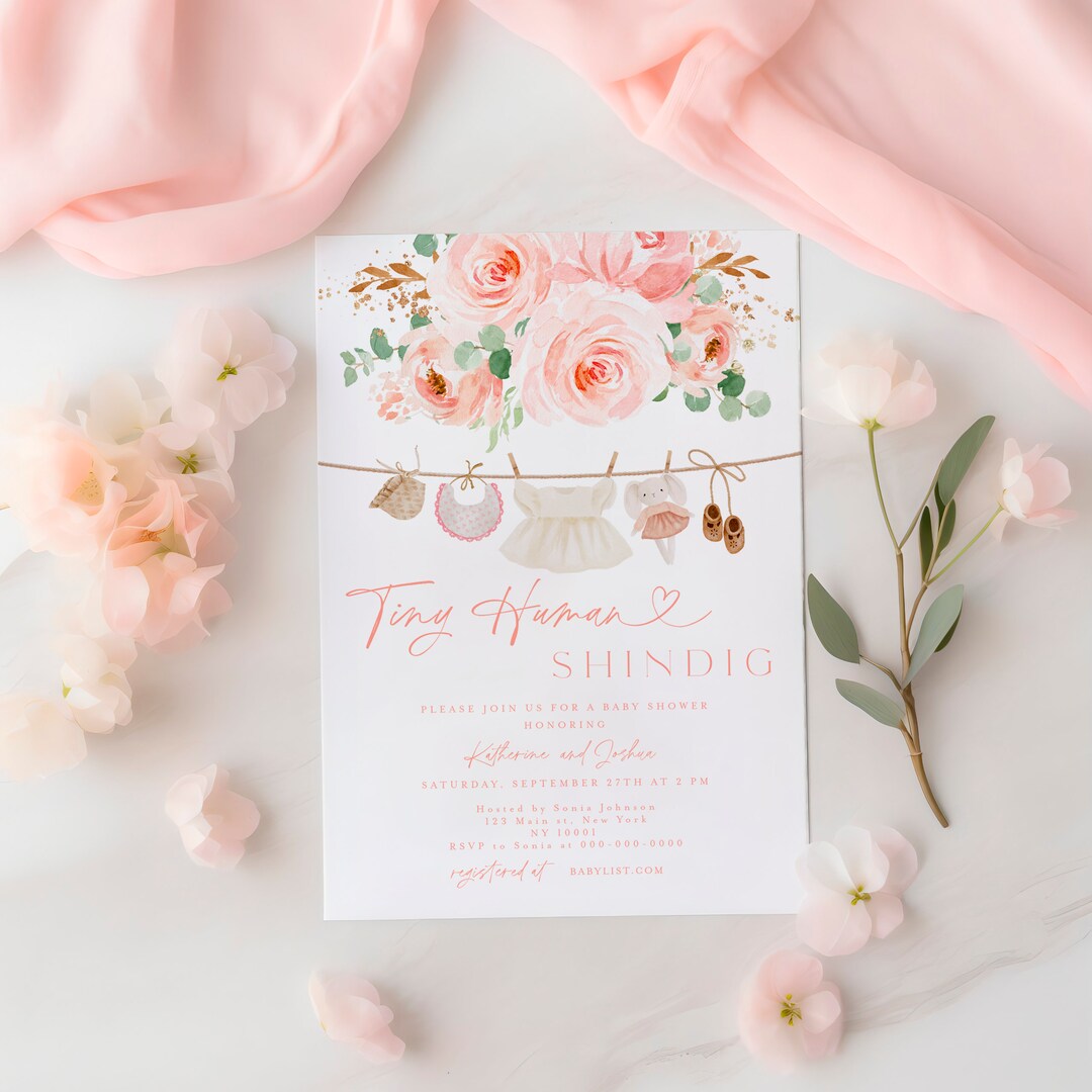 Tiny Human Shindig Invitation, Co-ed Baby Shower Invite, Pink Floral ...