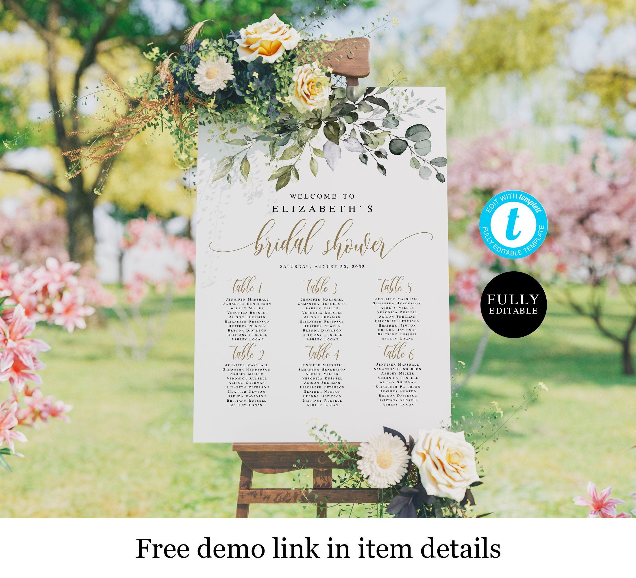 Greenery Gold Small Seating Chart Template Printable Welcome - Etsy