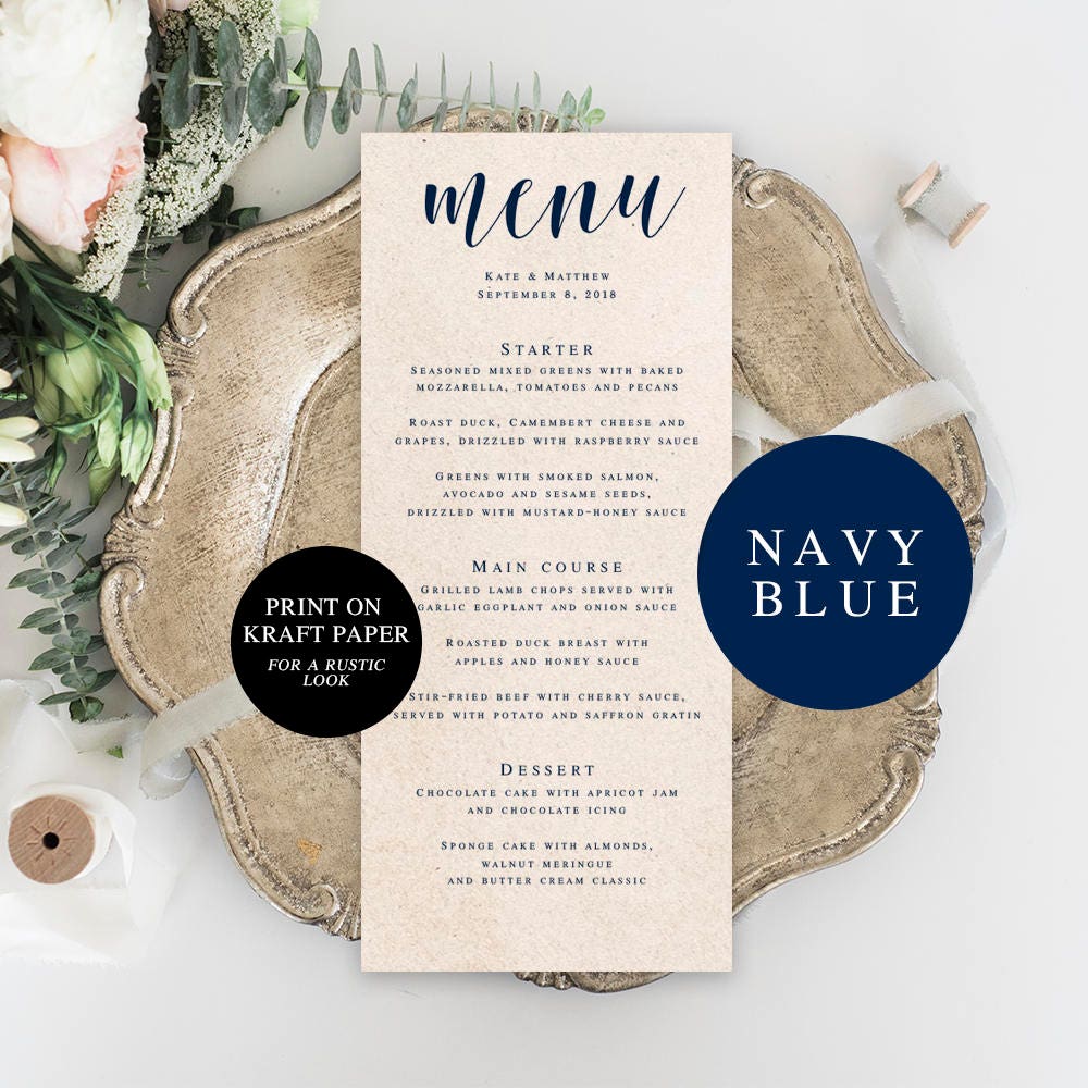 Navy Wedding Menu Template Navy Menu Cards Navy Blue Menu | Etsy