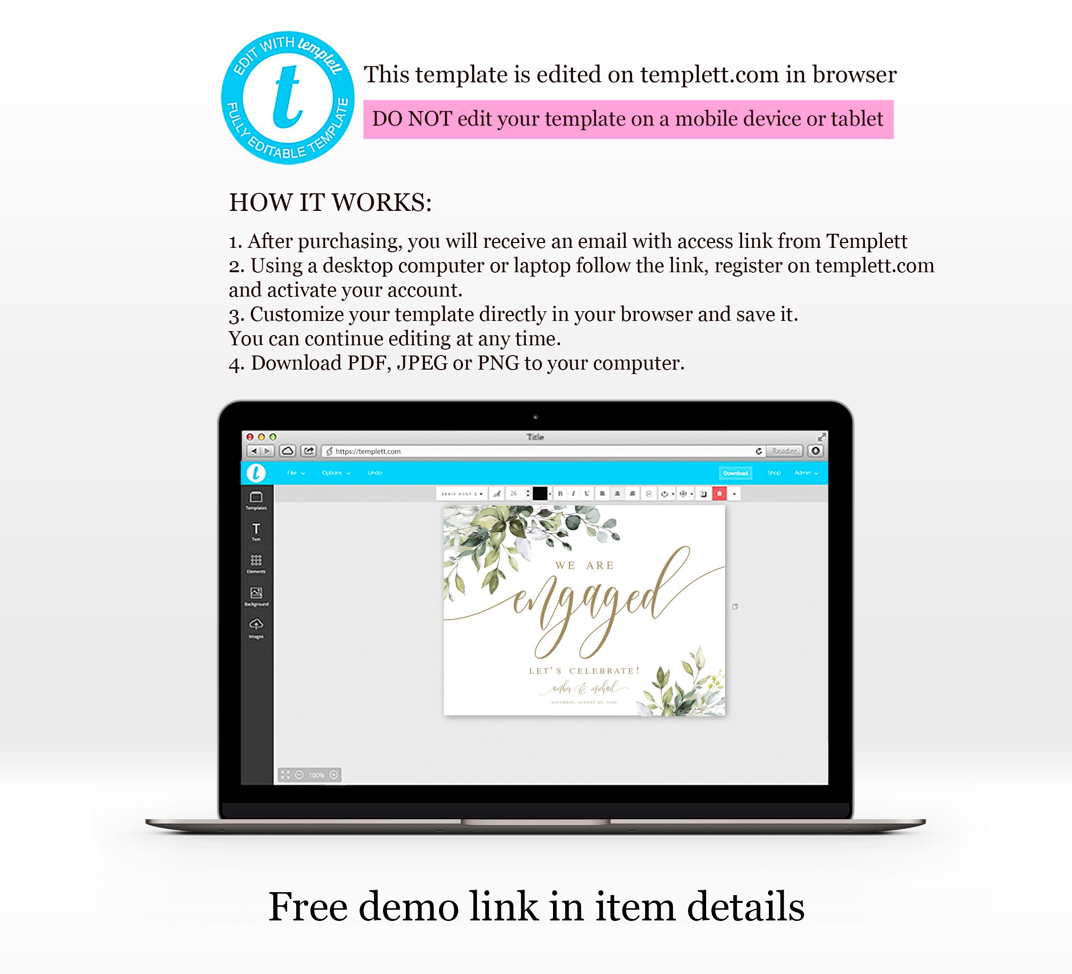 Greenery Gold Engagement Sign, Edit With Templett, Fully Editable ...