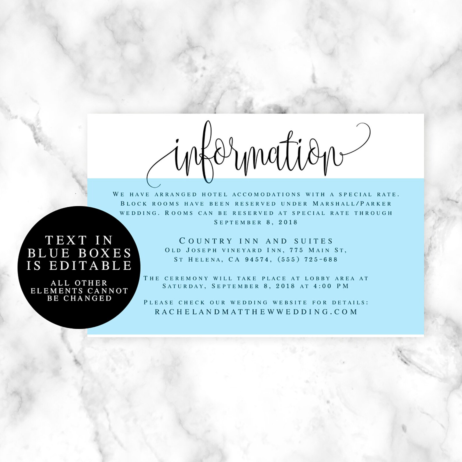 Wedding Information Template Information Card Wedding - Etsy