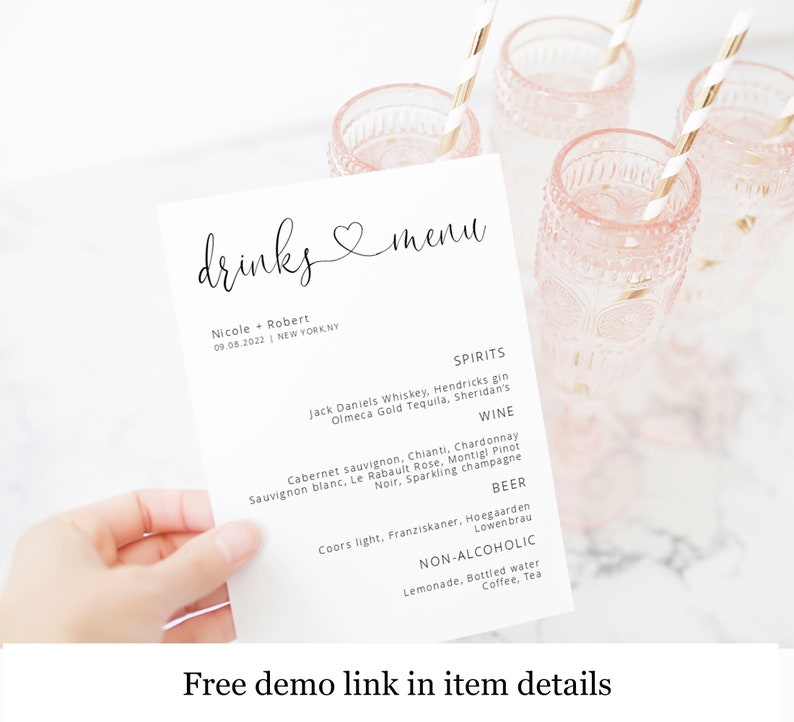 Simple Drinks Menu Card Template Wedding Party Home Bar - Etsy