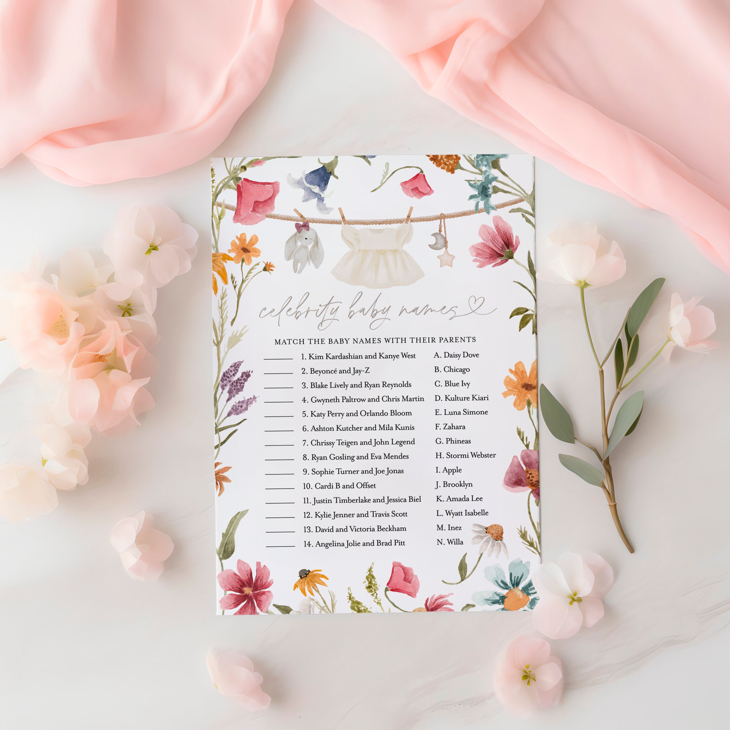 Wildflower Baby Shower Game, Celebrity Baby Name Game, Printable Baby ...