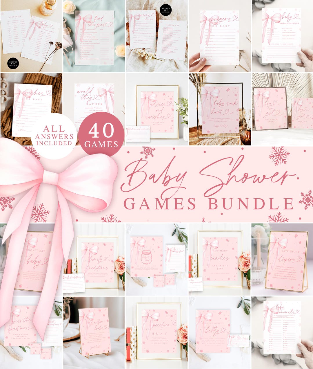 Pink Bow Snowflake Baby Shower Game Bundle, Pink Ribbon Baby Shower ...