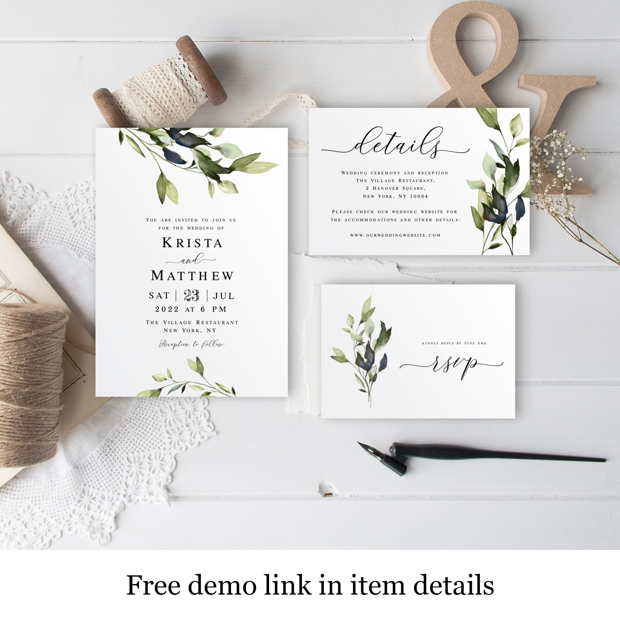 Greenery Wedding Invitation Set Template Download Fully - Etsy