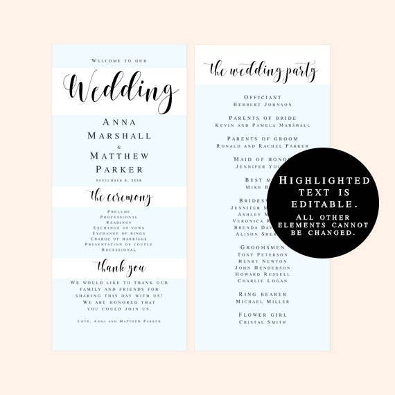 Editable wedding program Editable DIY Wedding program template | Etsy