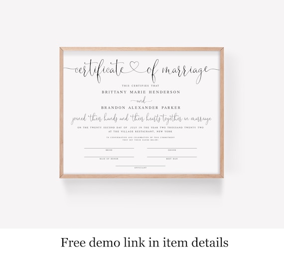 Romantic Certificate of Marriage Template Printable Keepsake | Etsy