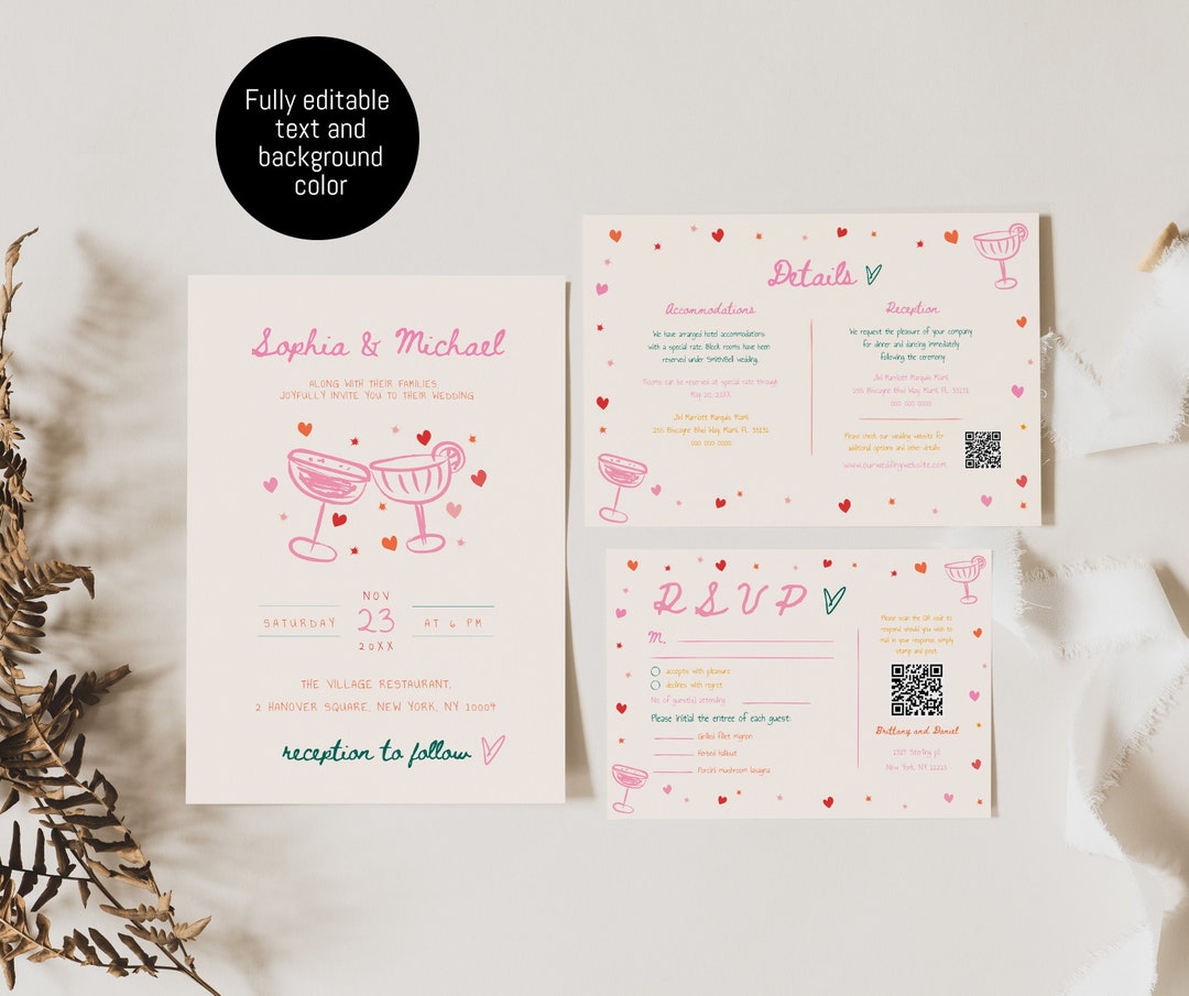 Whimsical Wedding Invitation Template, Editable Wedding Invitation Set ...