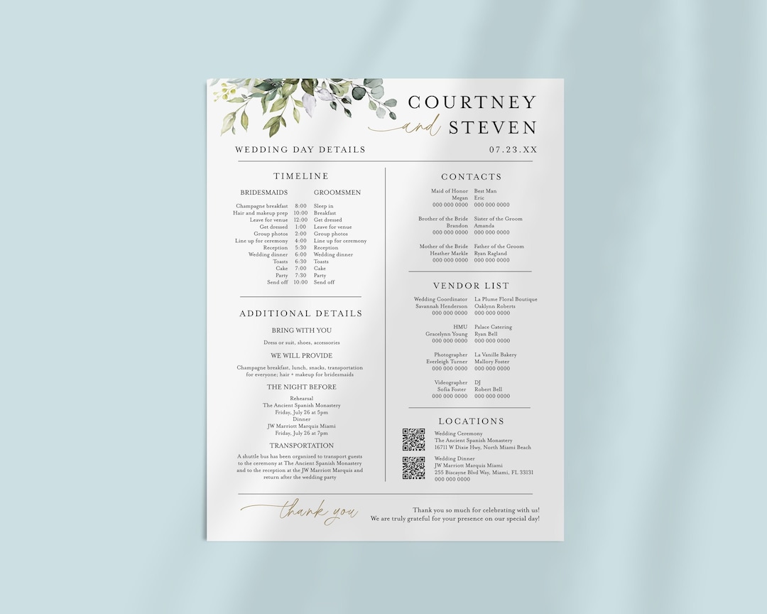 Wedding Day Details, Bridesmaid & Groomsmen Schedule Template, Wedding ...