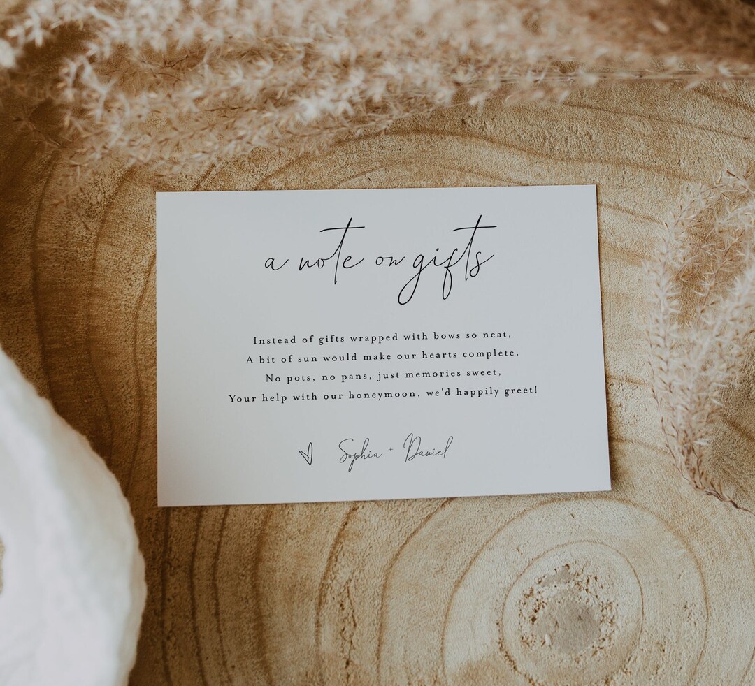 A Note on Gifts Card, Minimalist Enclosure Card, Honeymoon Fund Card ...