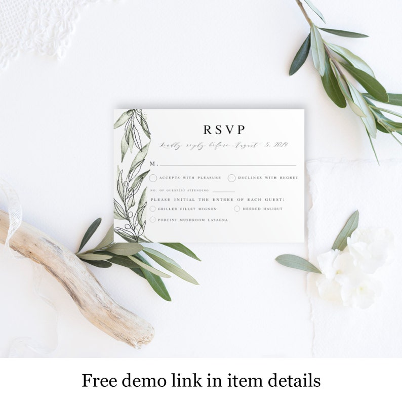Olive Branch Template for Wedding Invitation Suite Fully Editable ...