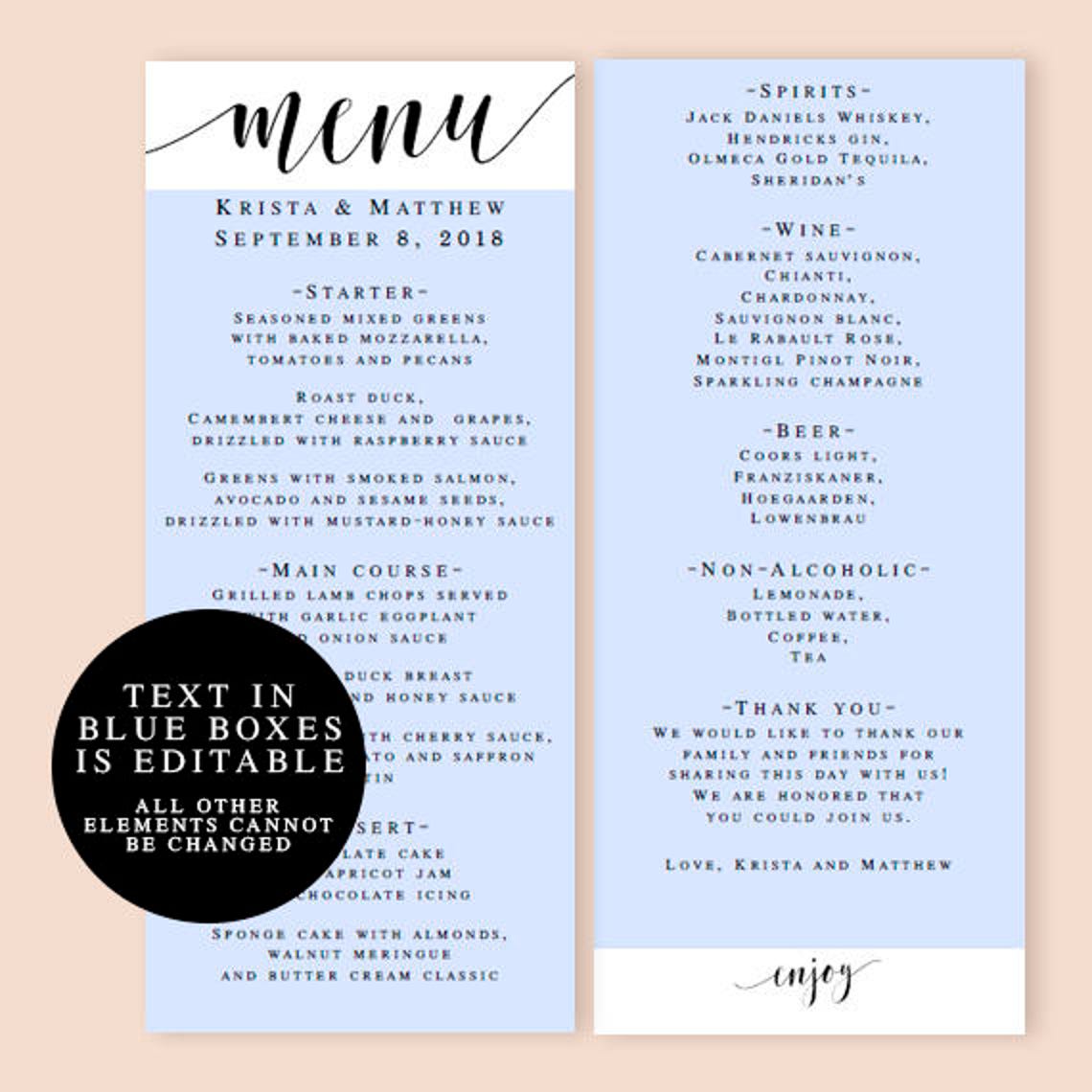 Wedding Menu Template Double Sided Editable Menu Card Wedding | Etsy
