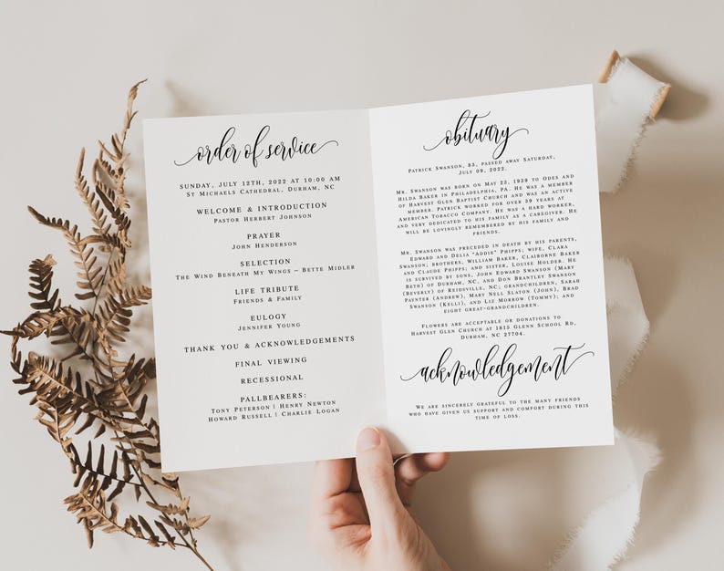 Printed Funeral Memorial Program 4 Pages, Funeral Service Program ...