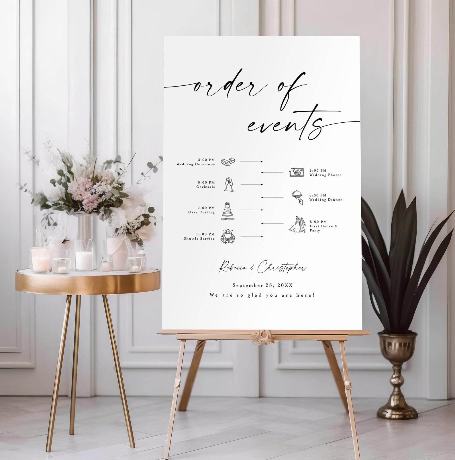 Simple Welcome Name Sign, Wedding Timeline Poster Template With Icons ...