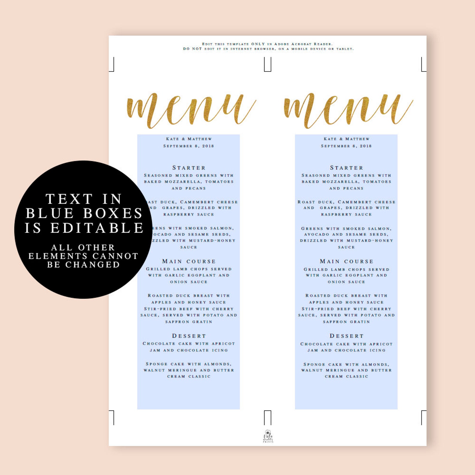 Wedding Menu Download Gold Menu Template Wedding Gold Menu - Etsy