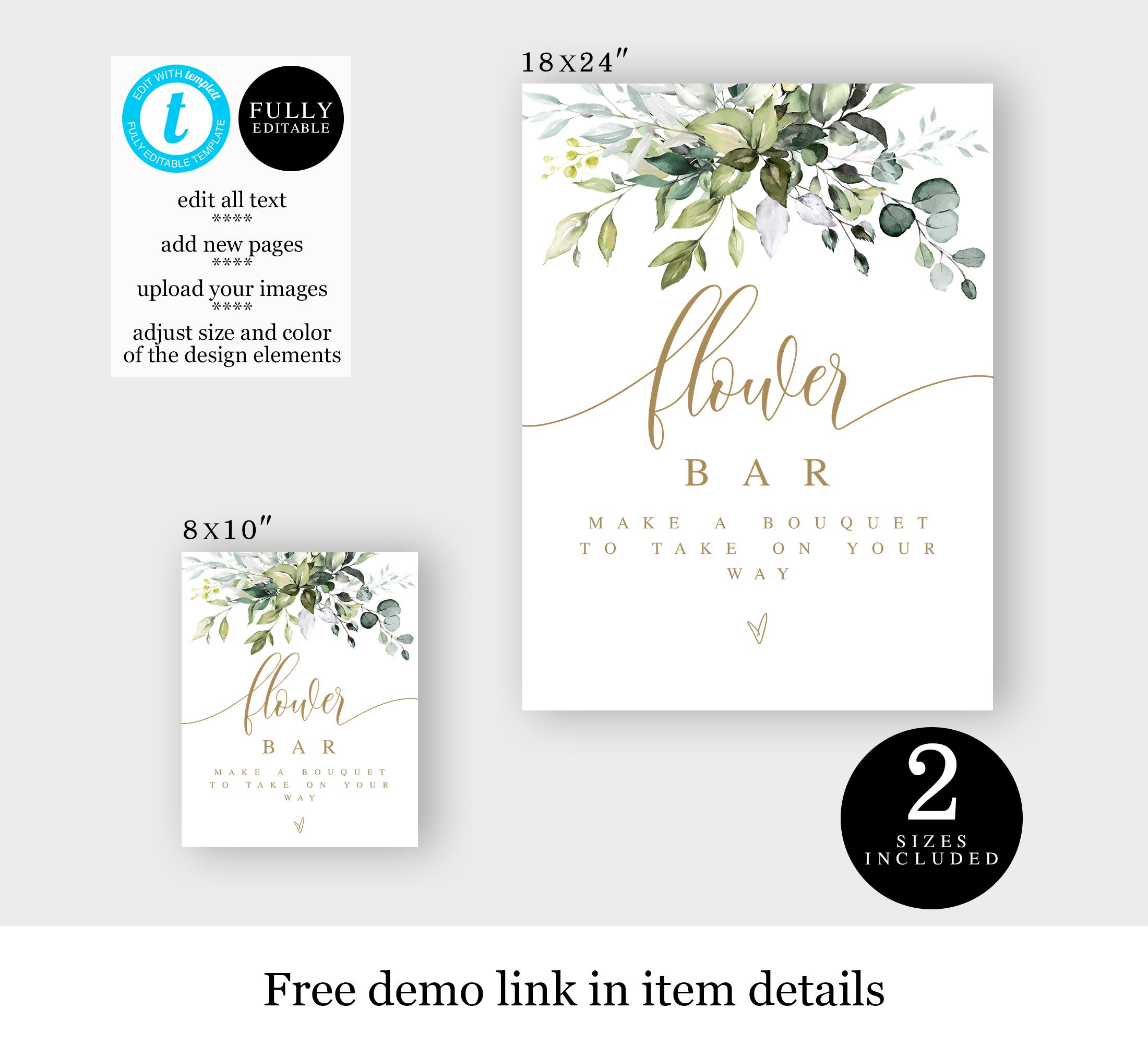 Greenery Gold Flower Bar Sign Template Build Your Bouquet - Etsy