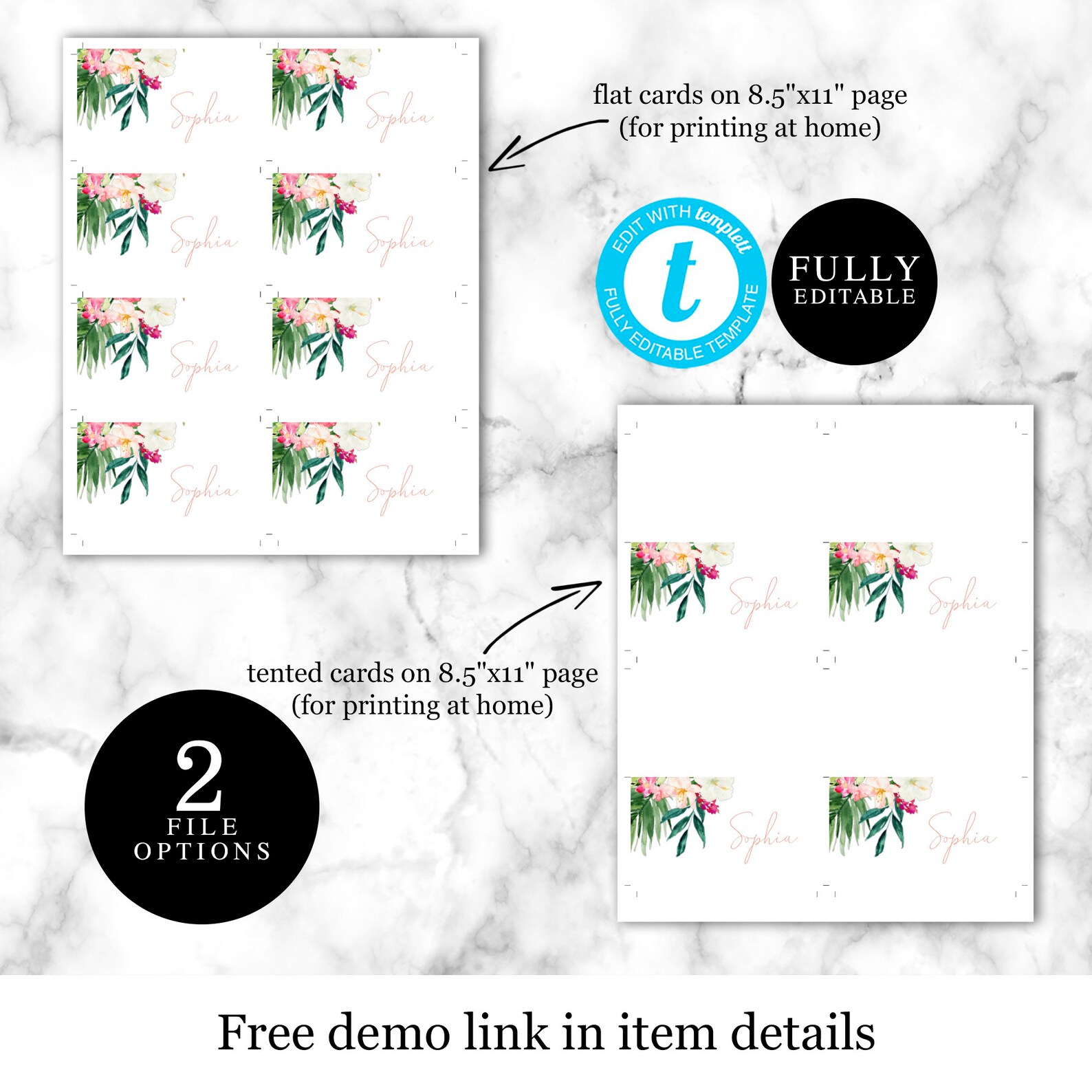 Floral Place Cards Template Name Templett Instant Download - Etsy