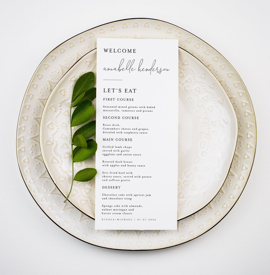 Menu With Guest Name, Minimalist Wedding Menu Template, Menu Name Card ...