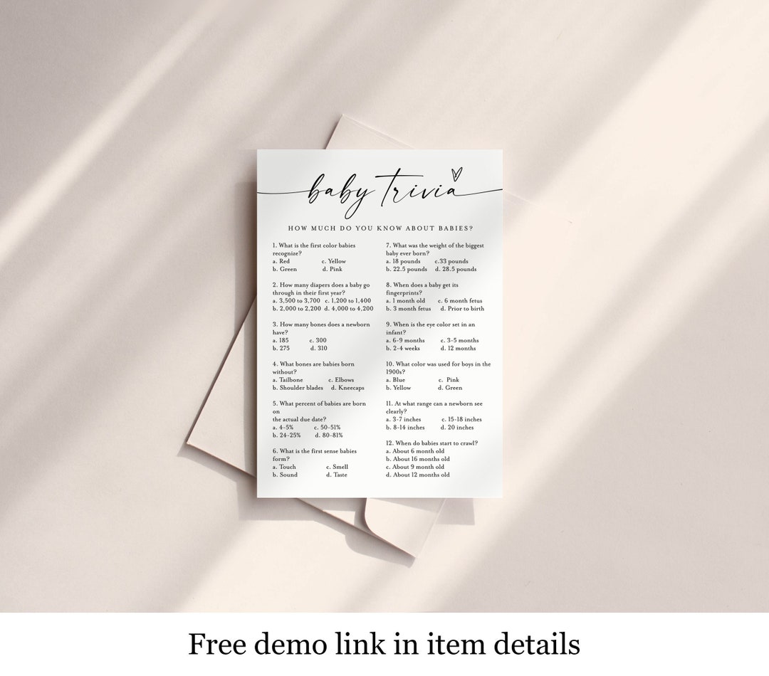 Baby Trivia Game Baby Shower Trivia Game 100% Editable Text - Etsy