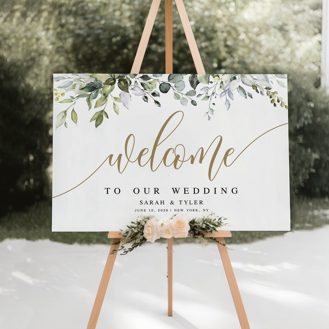 Greenery Gold Wedding Sign Template, Templett, Welcome Board Printable ...