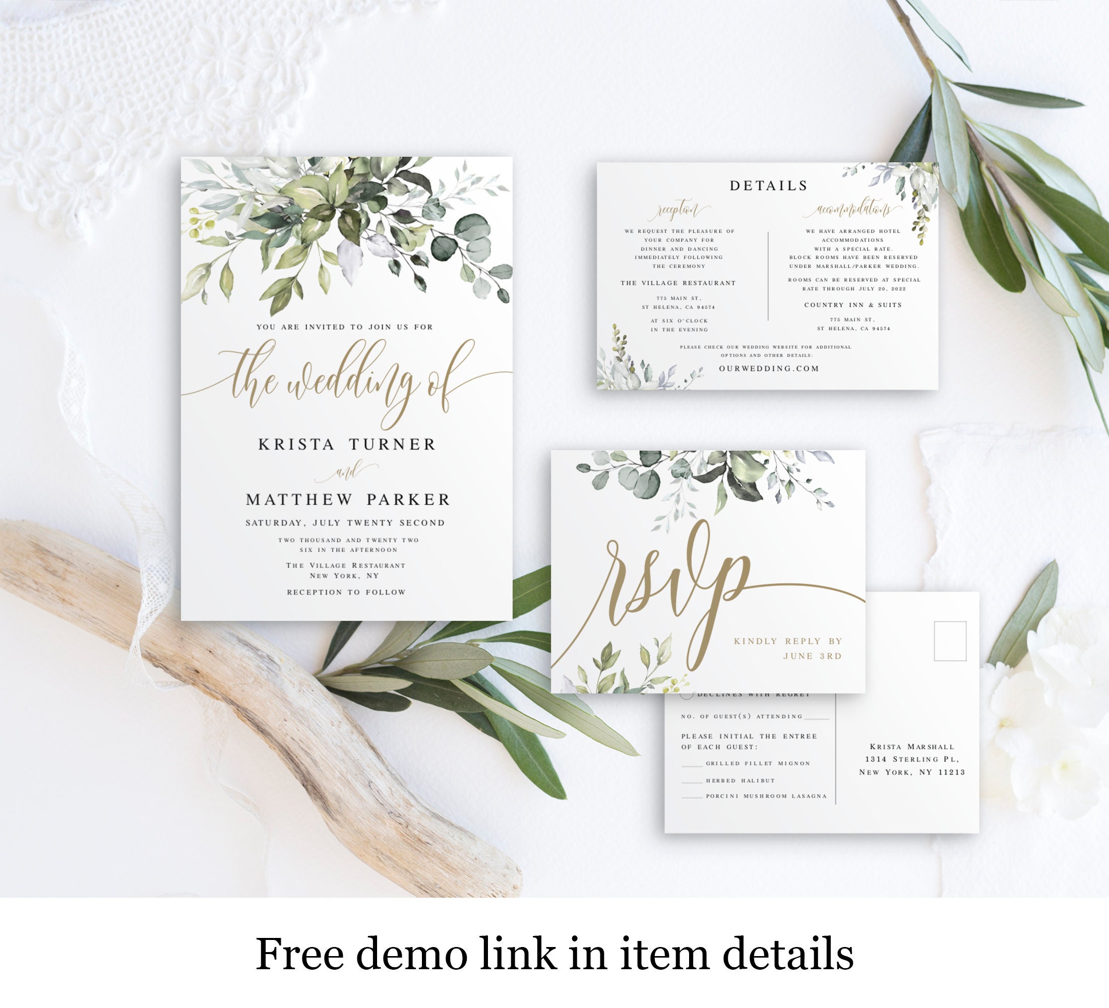 Invitations Details card Template Greenery Floral Monogram Details card ...