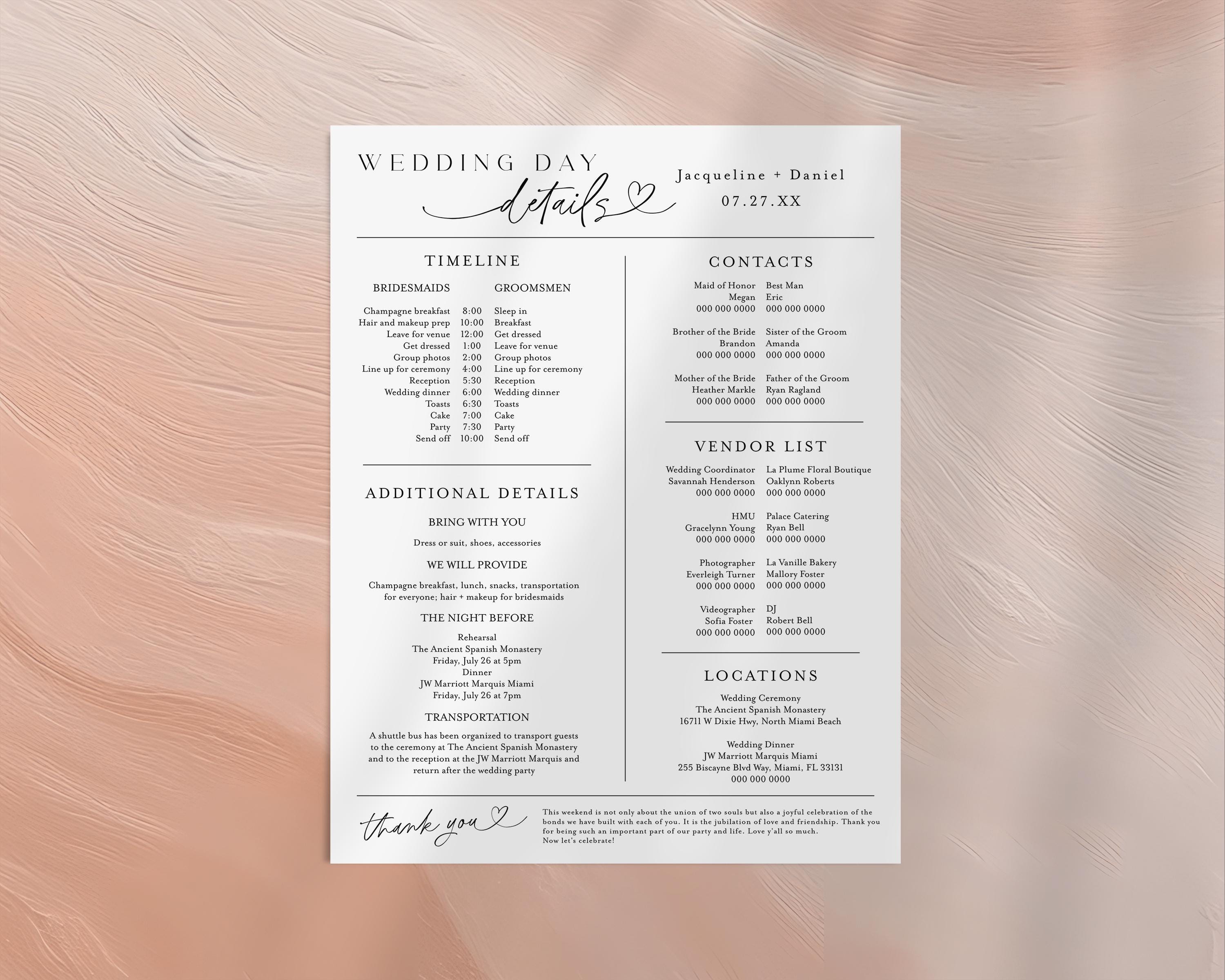 Wedding Party Timeline, Bridal Party Timeline, Wedding Day Timeline ...