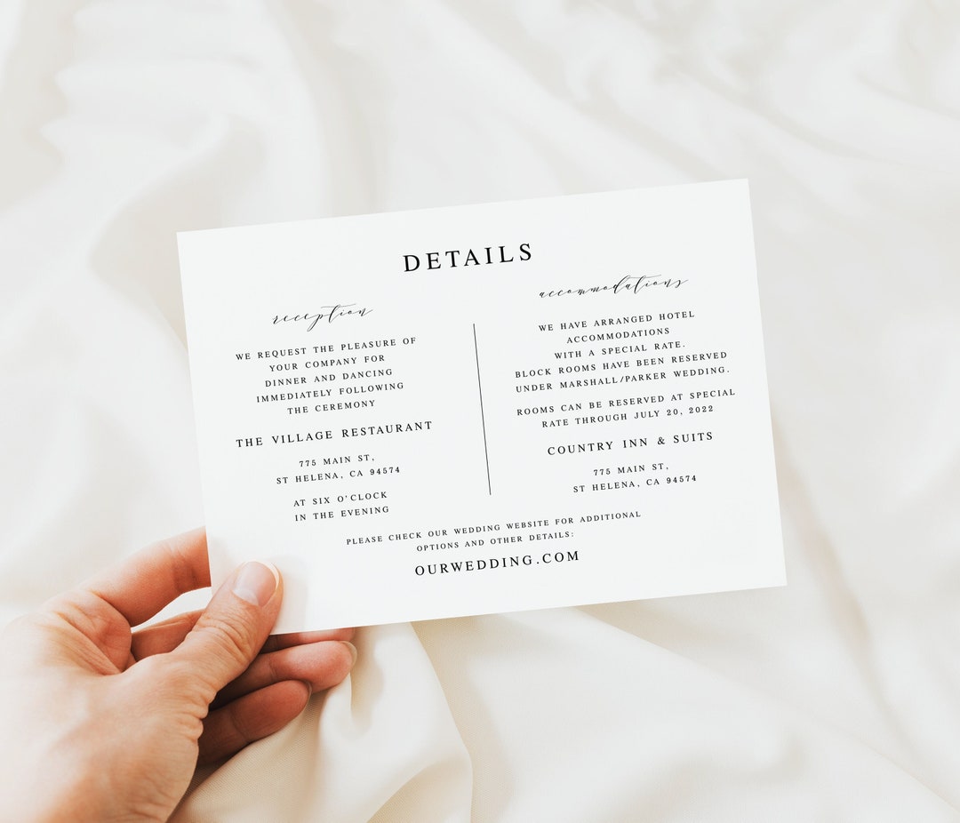 Wedding Details Card Template, Accommodations, Reception, Invitation ...