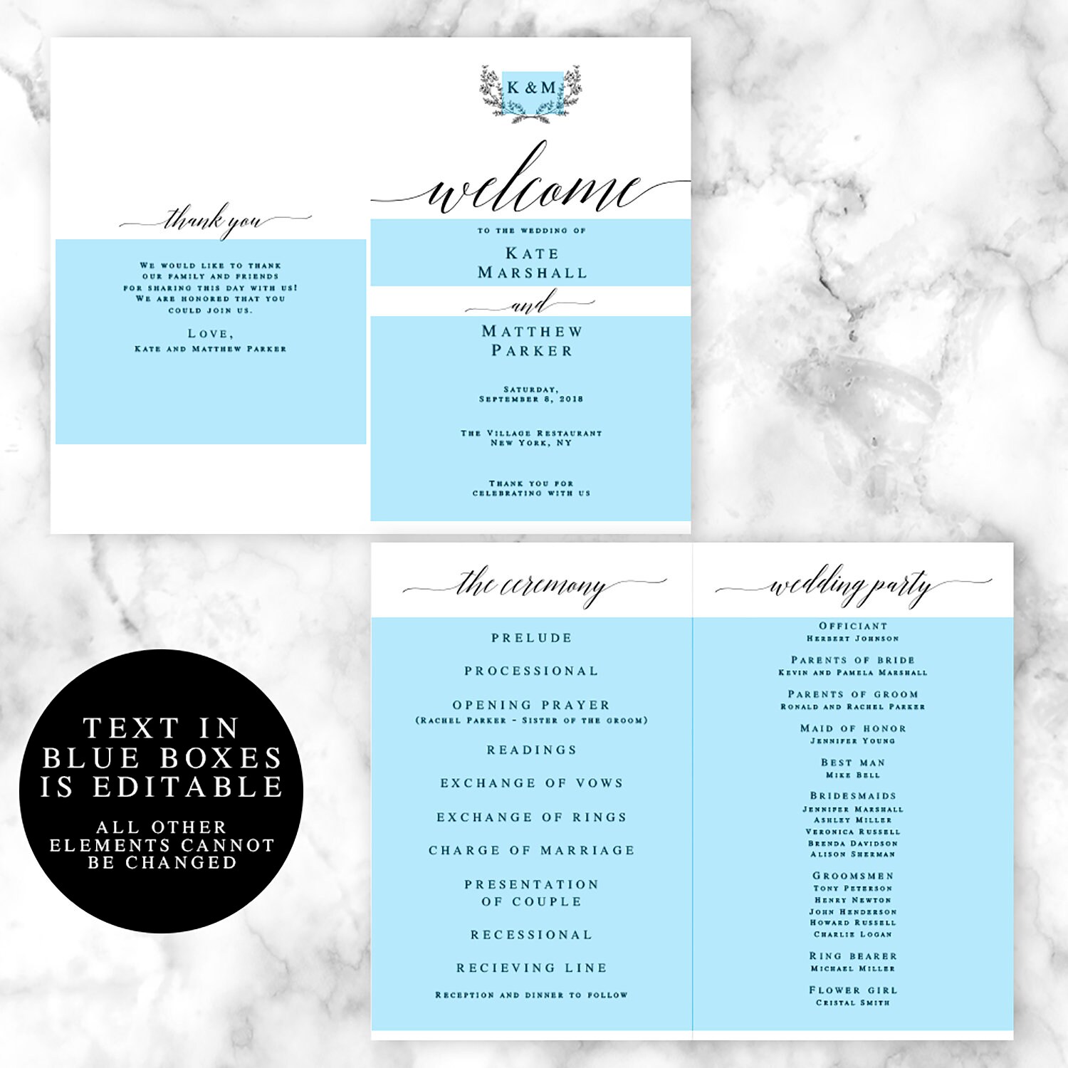 Monogram program template Folded wedding program template | Etsy