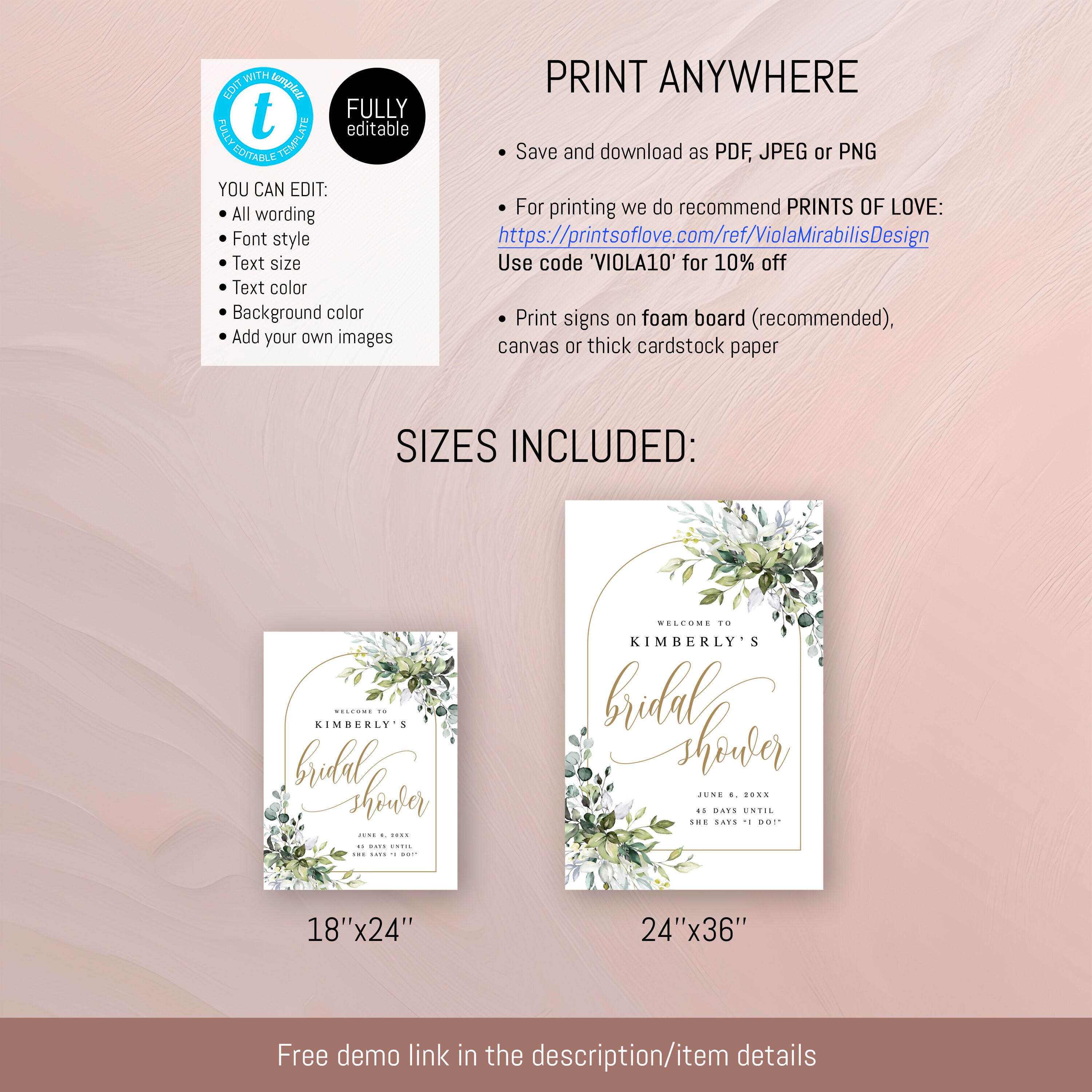 Portrait Bridal Shower Welcome Sign Template, 100% Editable Text, Party ...