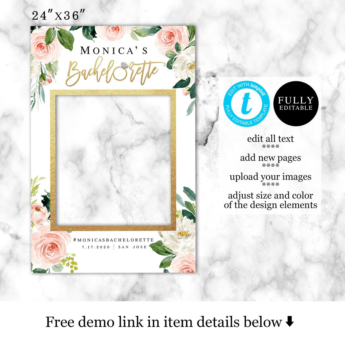 Floral Picture Frame Prop Template, Bachelorette Weekend Decor, Glitter ...