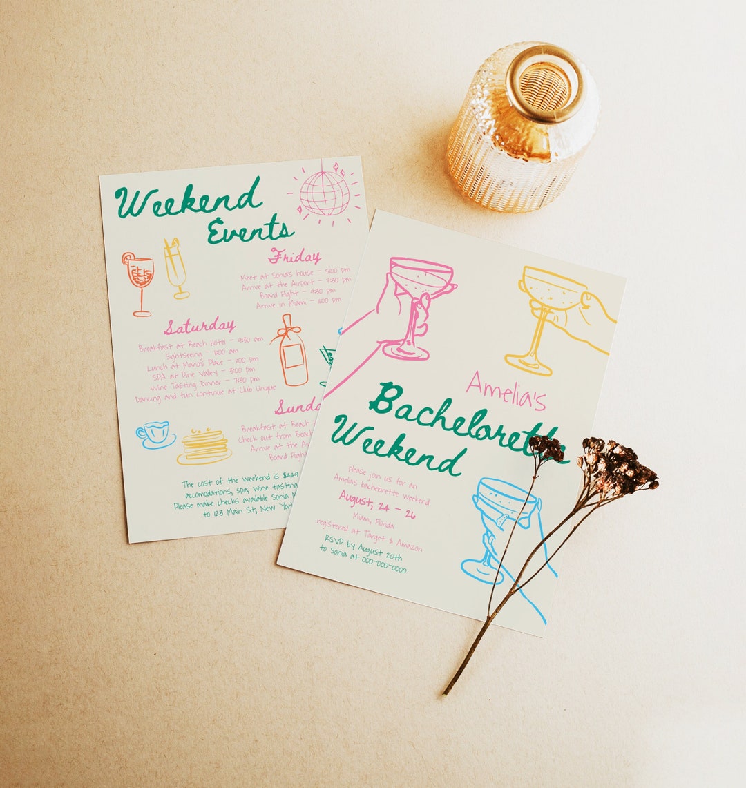 Colorful Bachelorette Weekend Events Itinerary Template, Hand Drawn ...