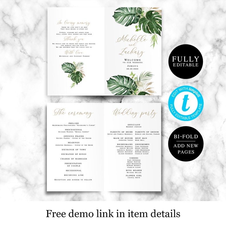 Bi-fold Program Template Order of Service Wedding 100% - Etsy