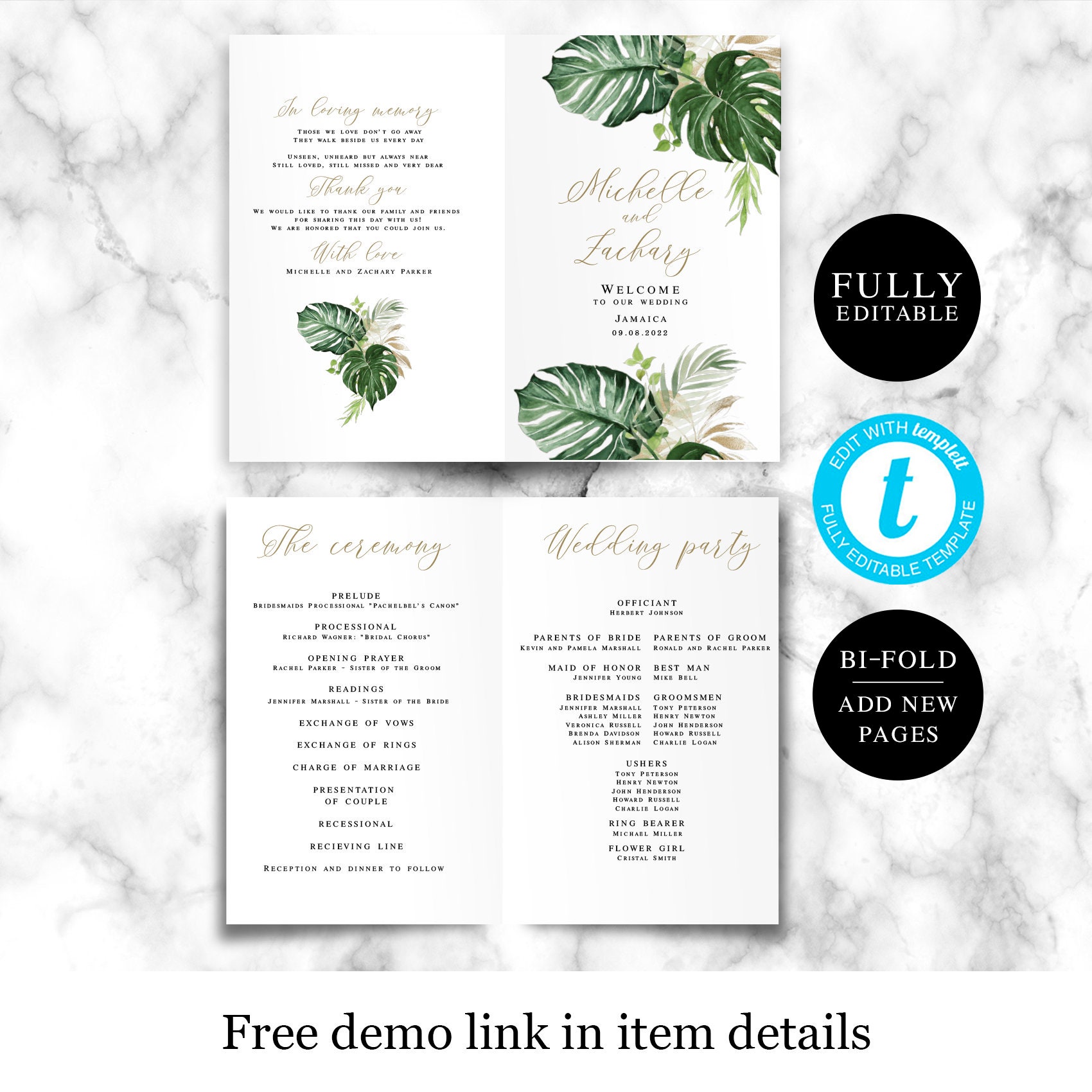 Bi-fold Program Template Order of Service Wedding 100% Editable ...
