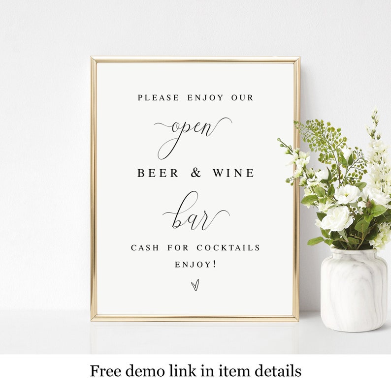 Wedding Open Bar Wine and Beer Sign Template Cash Cocktails - Etsy