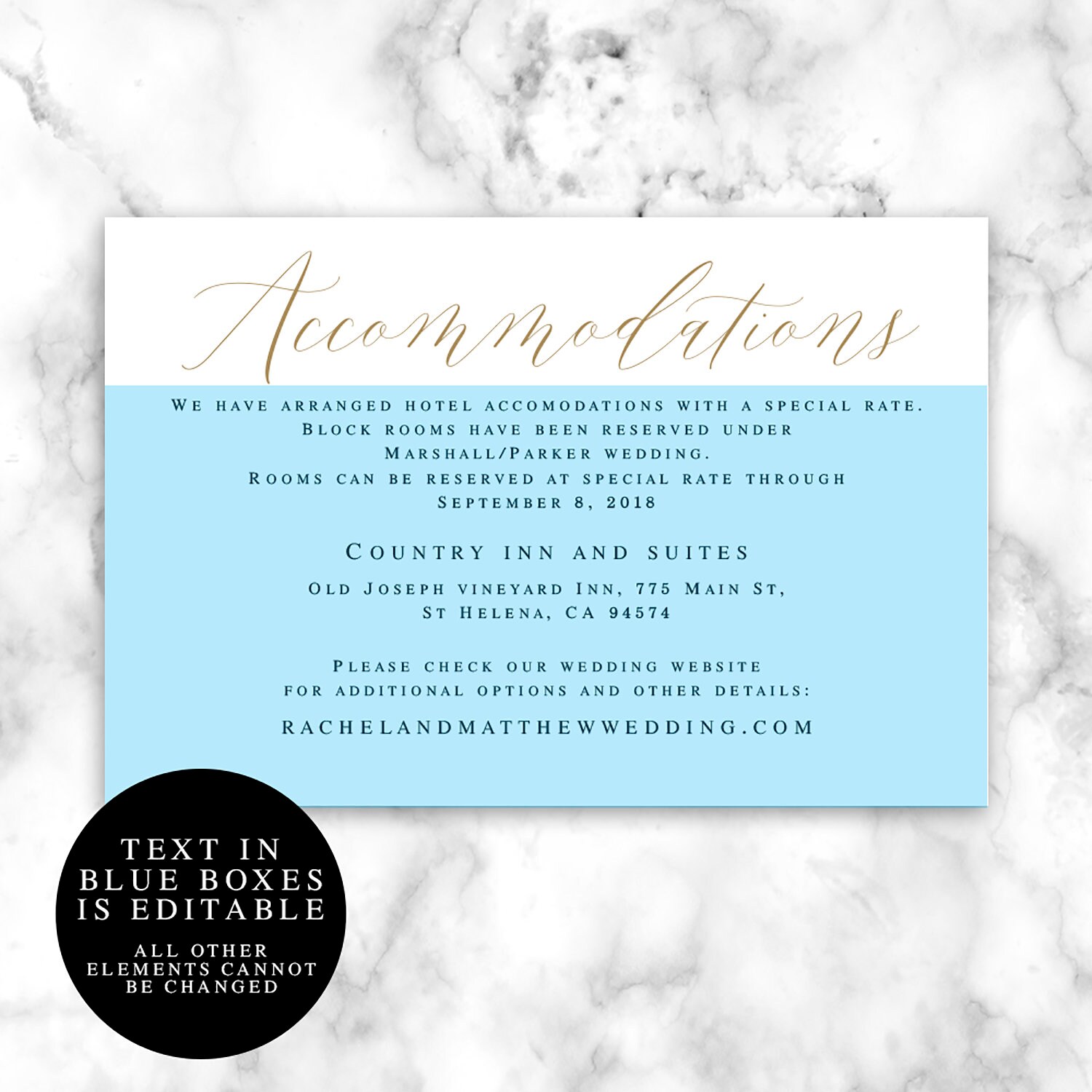 Accommodation card instant download Gold wedding invitation | Etsy
