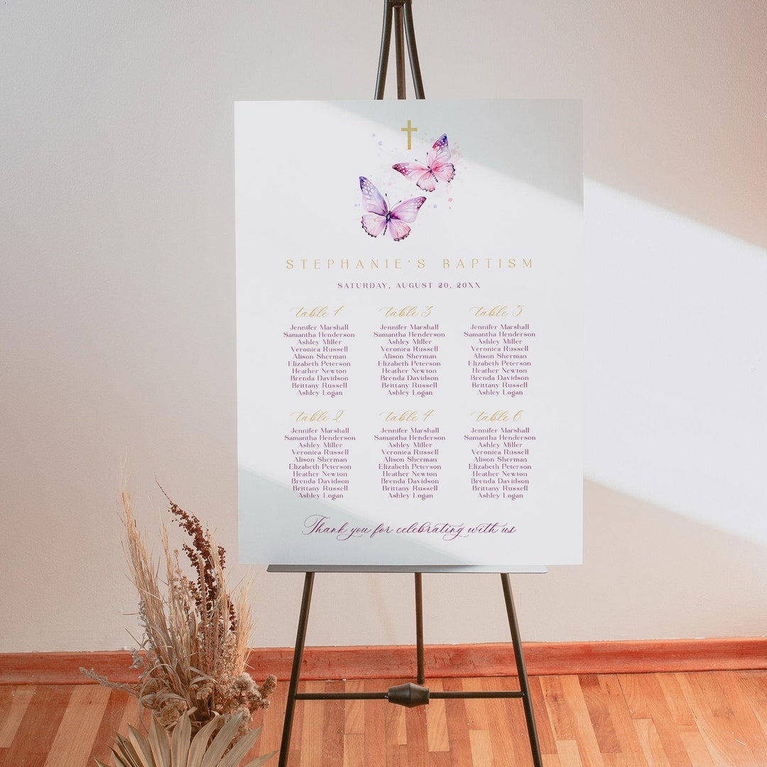 Purple Butterfly Baptism Seating Chart Template, Girls Baptism Seating ...