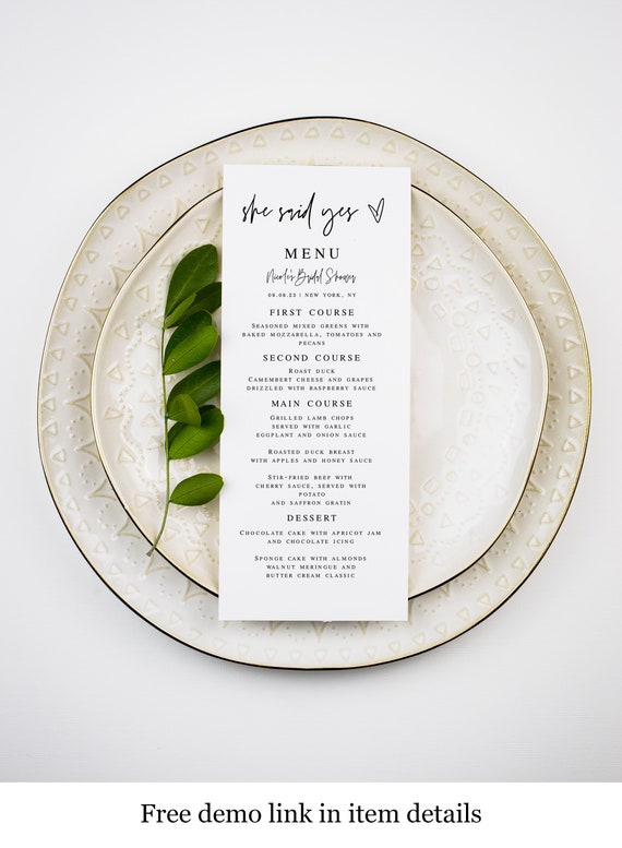 Template Menu Card Bridal Shower Dinner Fully Editable - Etsy