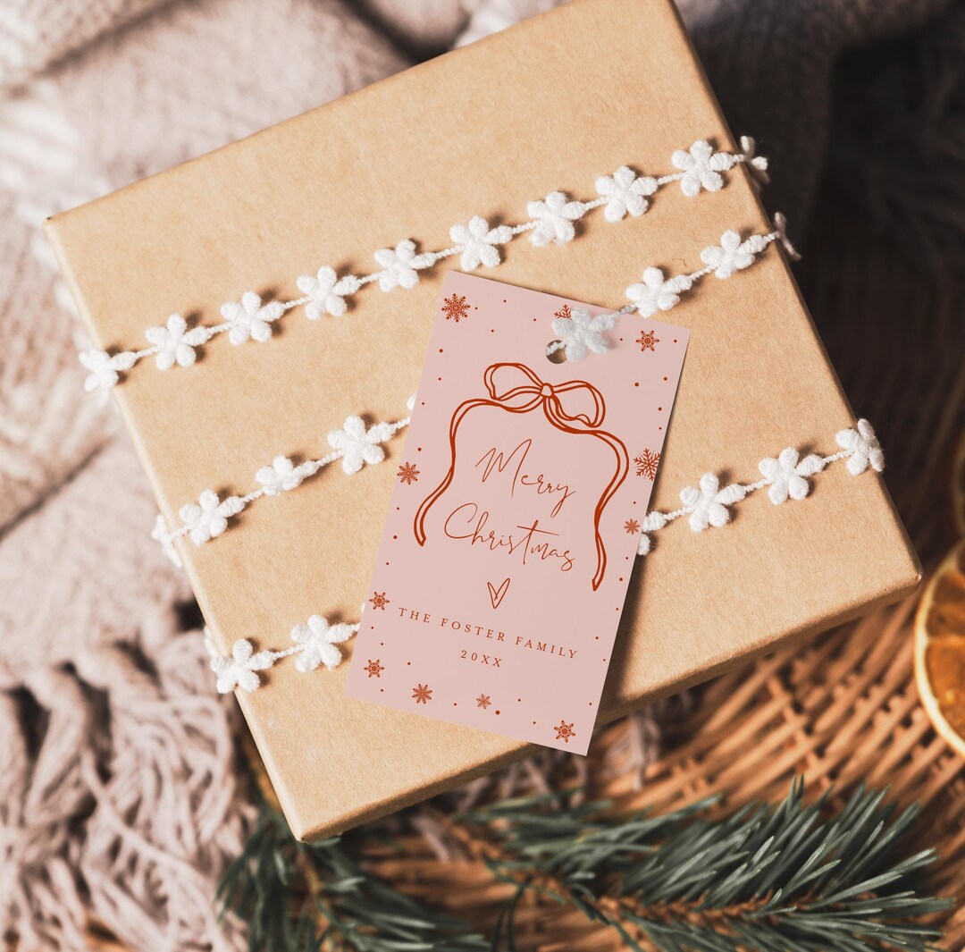 Bow Christmas Tag, Hand Drawn Christmas Tag Template, Whimsical Pink ...