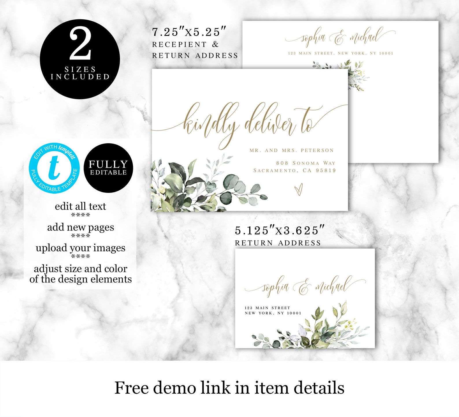 Greenery Gold Wedding Envelope Template Try Before You Buy - Etsy
