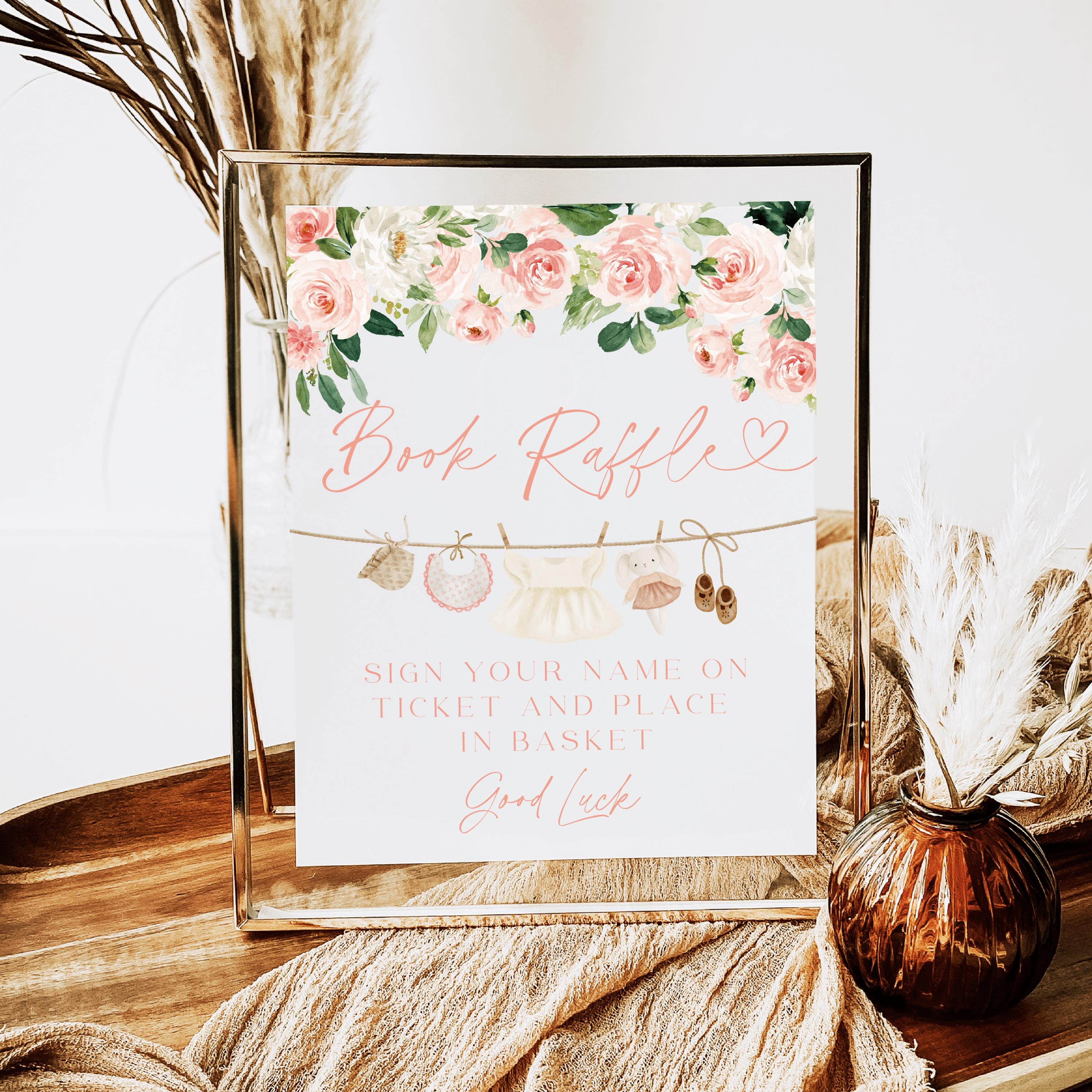 Book Raffle Sign, Book Raffle Printable Sign, Floral Baby Shower Book ...