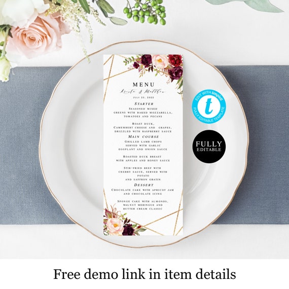 Template Menu Downloadable Self-editing Dinner Printable | Etsy