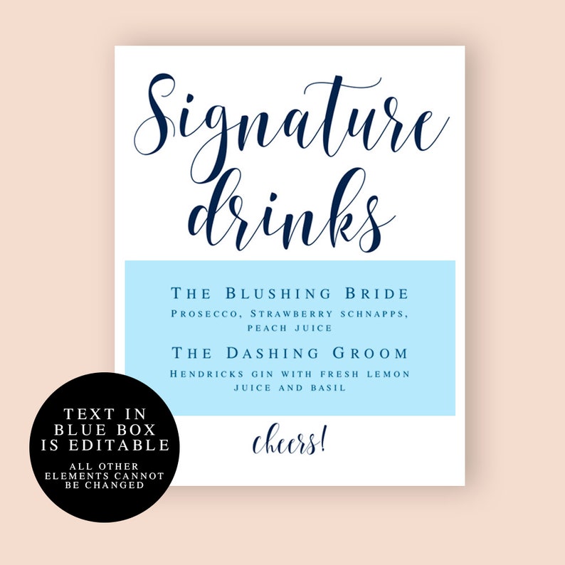 Signature Drink Sign Download Editable Template Navy Wedding Etsy