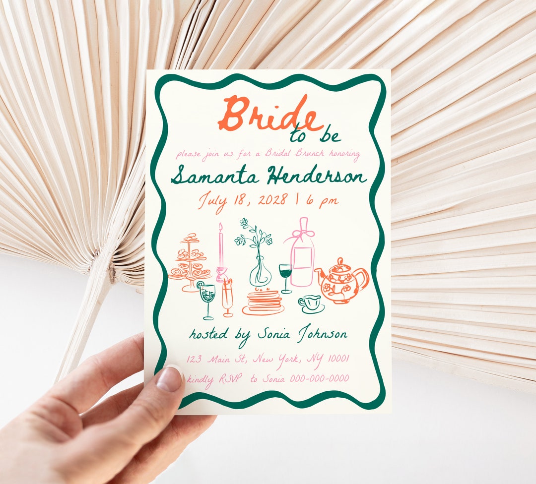 Teal Wavy Bride to Be Invitation, Hand Drawn Champagne Bridal Shower Invitation, Bride to Be ...