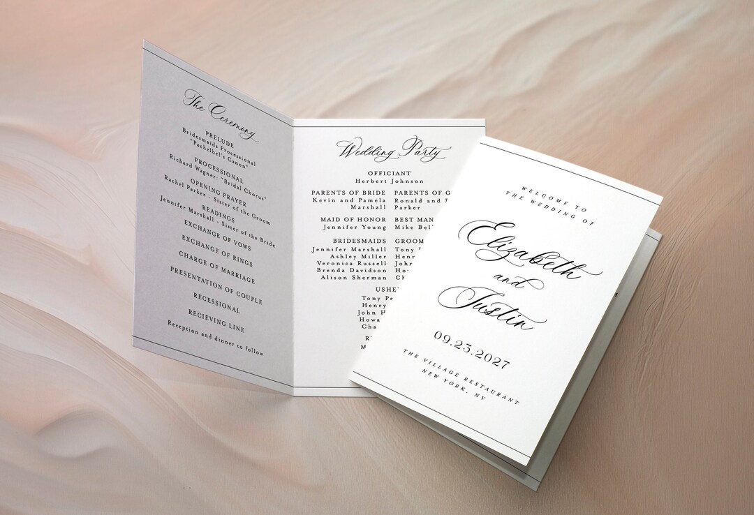Elegant Wedding Program Template, Elegant Folded Wedding Program ...